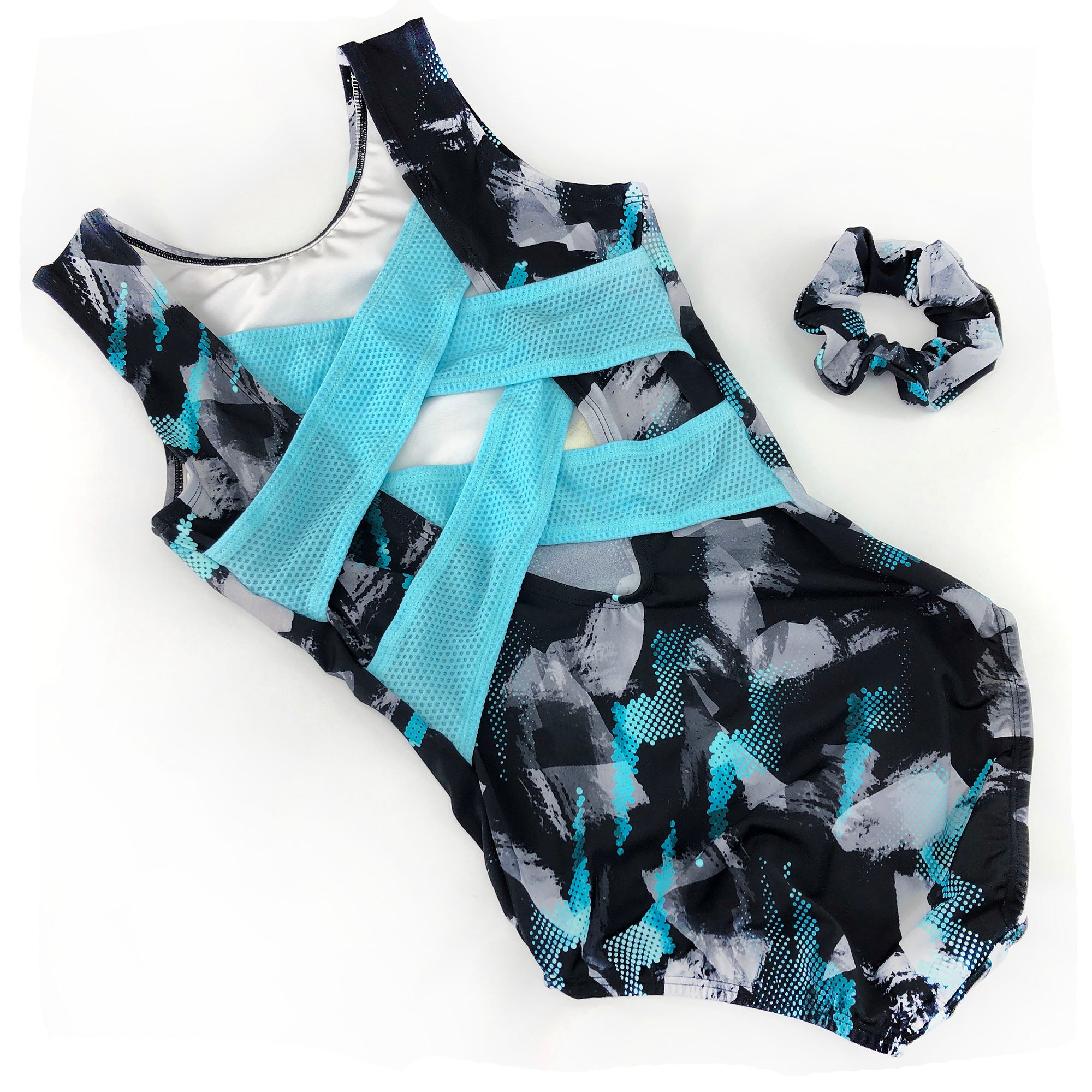 Criss Cross Bands Turquoise Aqua Black Gymnastics Low Back Leotard Made ...